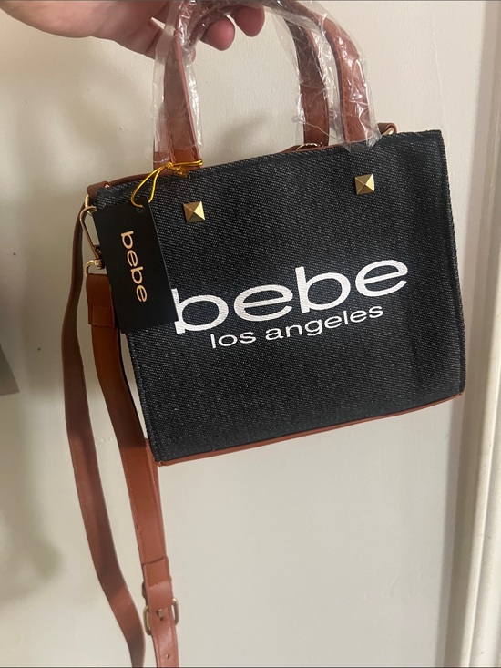 bebe | Bags | Bebe Black Canvas Crossbody With Brown Trim And Gold ...
